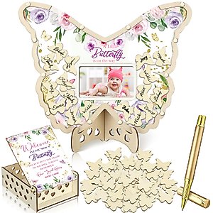 Wenqik 63 Pcs Baby Shower Guest Book Alternatives Set Baby Shower Guestbook with Photo Frame Baby Sonogram Frame Keepsake 60 Wood Slices Guest Book for Birthday(Butterfly)