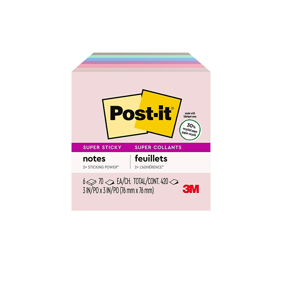 Post-it Super Sticky Recycled Notes, 5 Pastel Colors, Sticks and Resticks, 3 in x 3 in