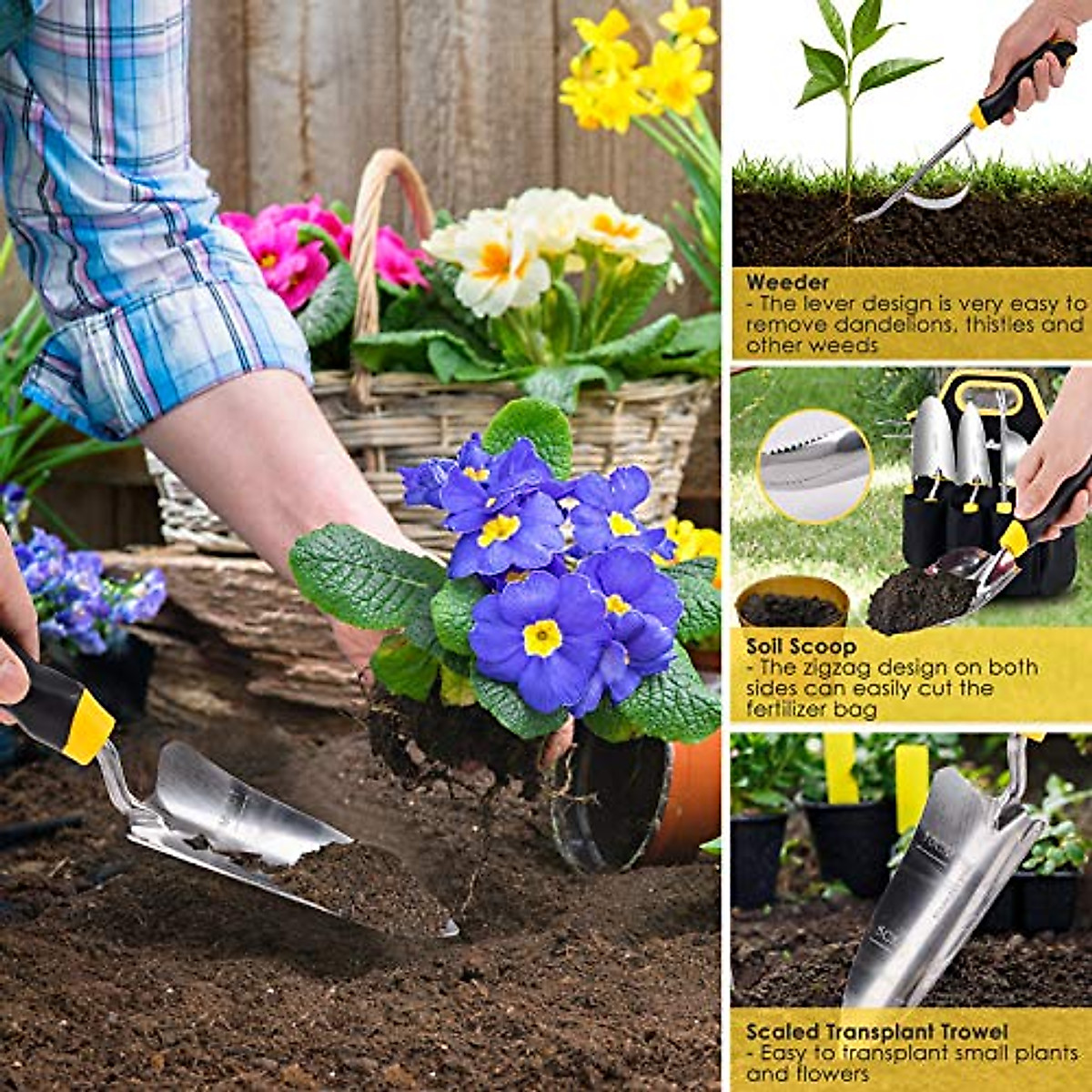 hOmeHua Garden Tools Set, 8 Piece Stainless Steel Heavy Duty Gardening Kit with Ergonomics Soft Rubberized Non-Slip Handle, Tote Bag, Gloves, Trowel, Weeder Tools - Garden Gifts Packing for Men Women