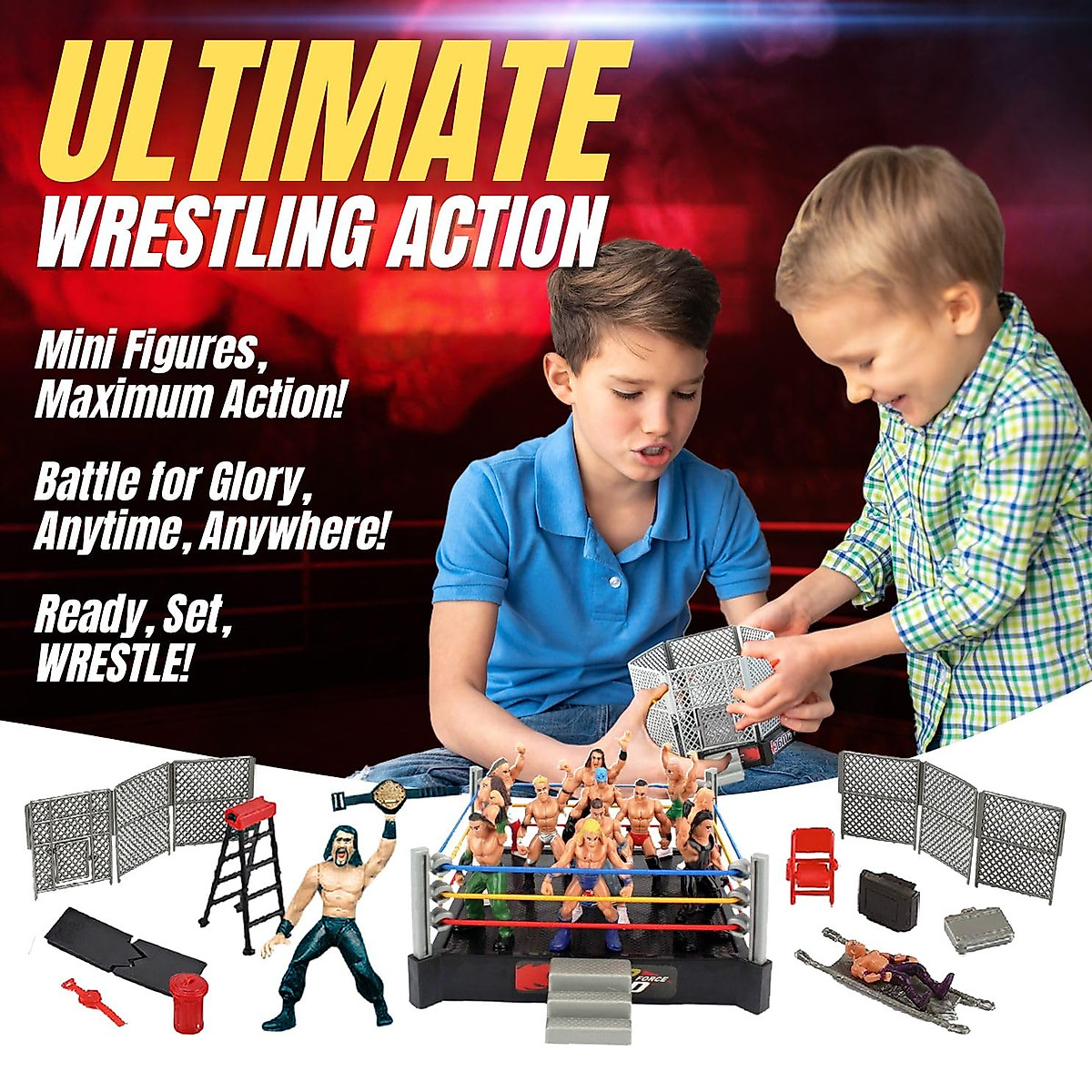 Liberty Imports Ultimate 32-Piece Wrestling Miniature Toys for Kids Pretend Play, Wrestler Figures with 2 Rings & Realistic Accessories for Boys and Girls, Great for Cake Toppers, Parties