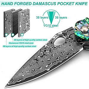 Benkey VG10 Damascus Abalone Seashells Pocket Knife and VG10 Damascus Natural Wood Pocket Knife Bundles