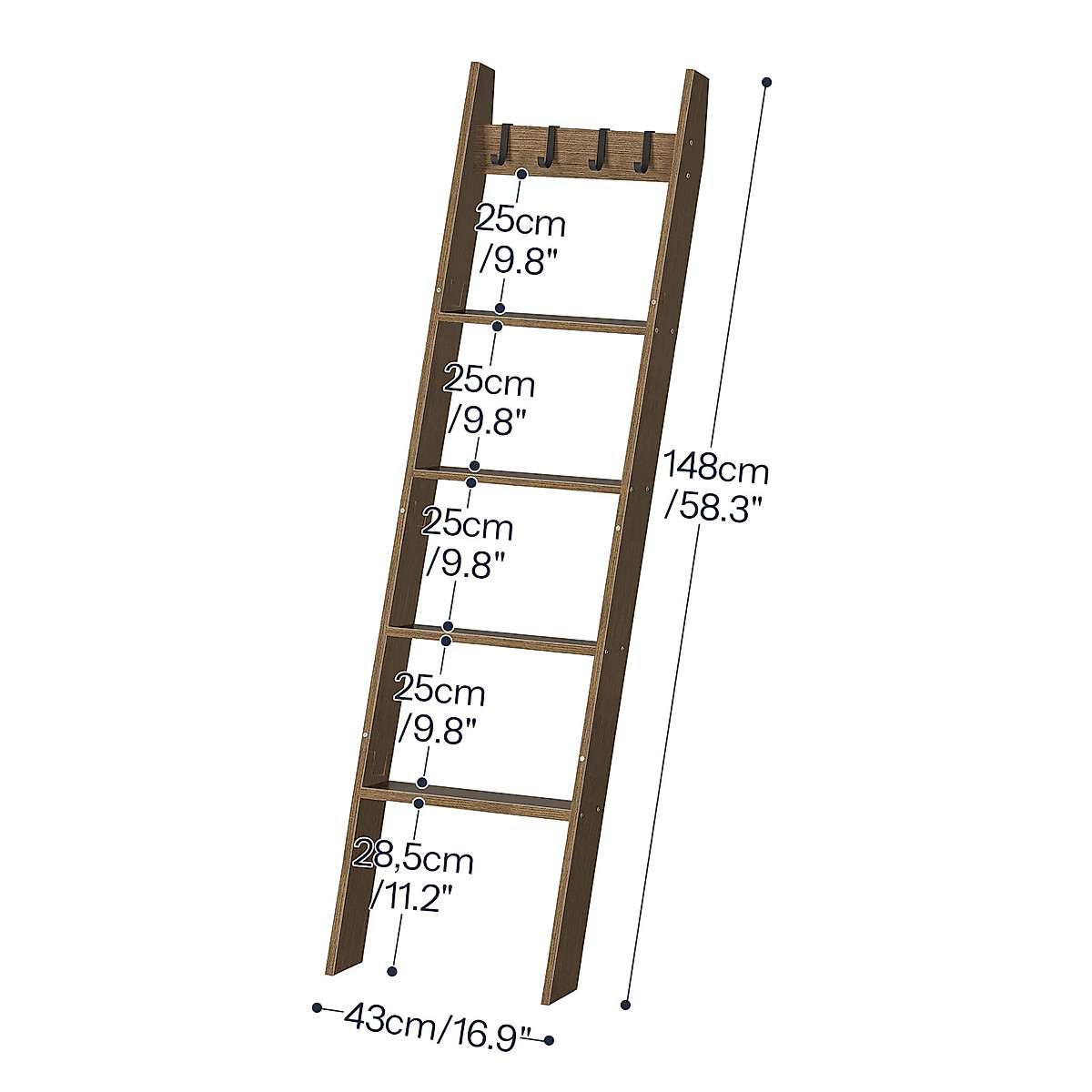 HOOBRO Blanket Ladder for Living Room and Bedroom, 5-Tier Wall Leaning Towel Rack for Bathroom, Decorative Ladder Shelf with 4 Removable Hooks, Farmhouse Blanket Storage, Mocha MA51CJ01G1