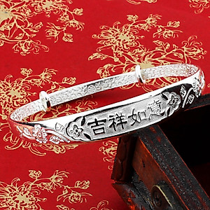 Merdia Women's 999 Solid Sterling Silver Chinese Style Luck Adjustable Bangle Bracelet for Women, Ladies and Elder | Lucky Jewelry for Women | Sterling Silver Bangle