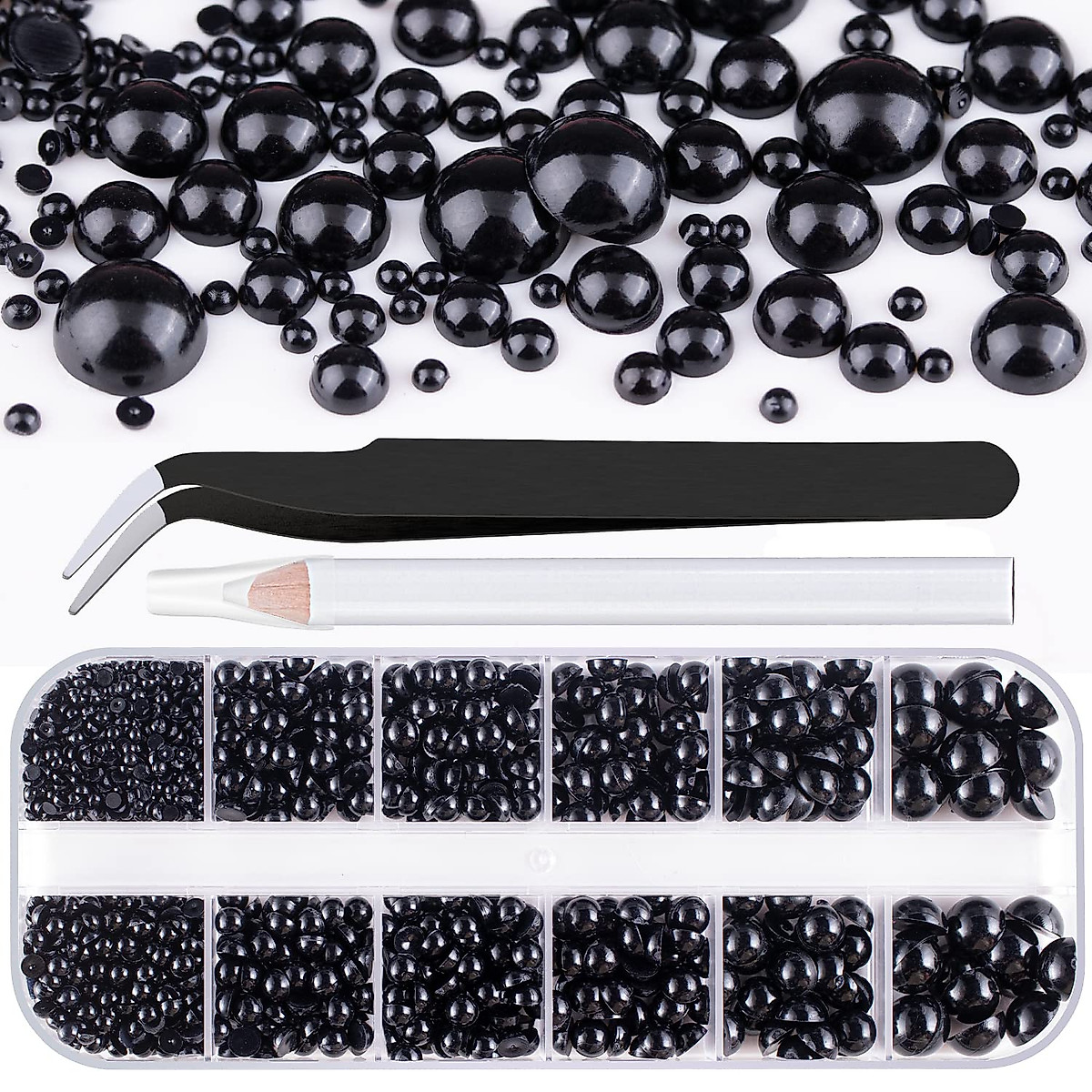 Belleboost Flat Back Pearls Kits 1 Box of Flatback Black Half Round Pearls with Pickup Pencil And Tweezer for Home DIY And Professional Nail Art, Face Makeup And Craft