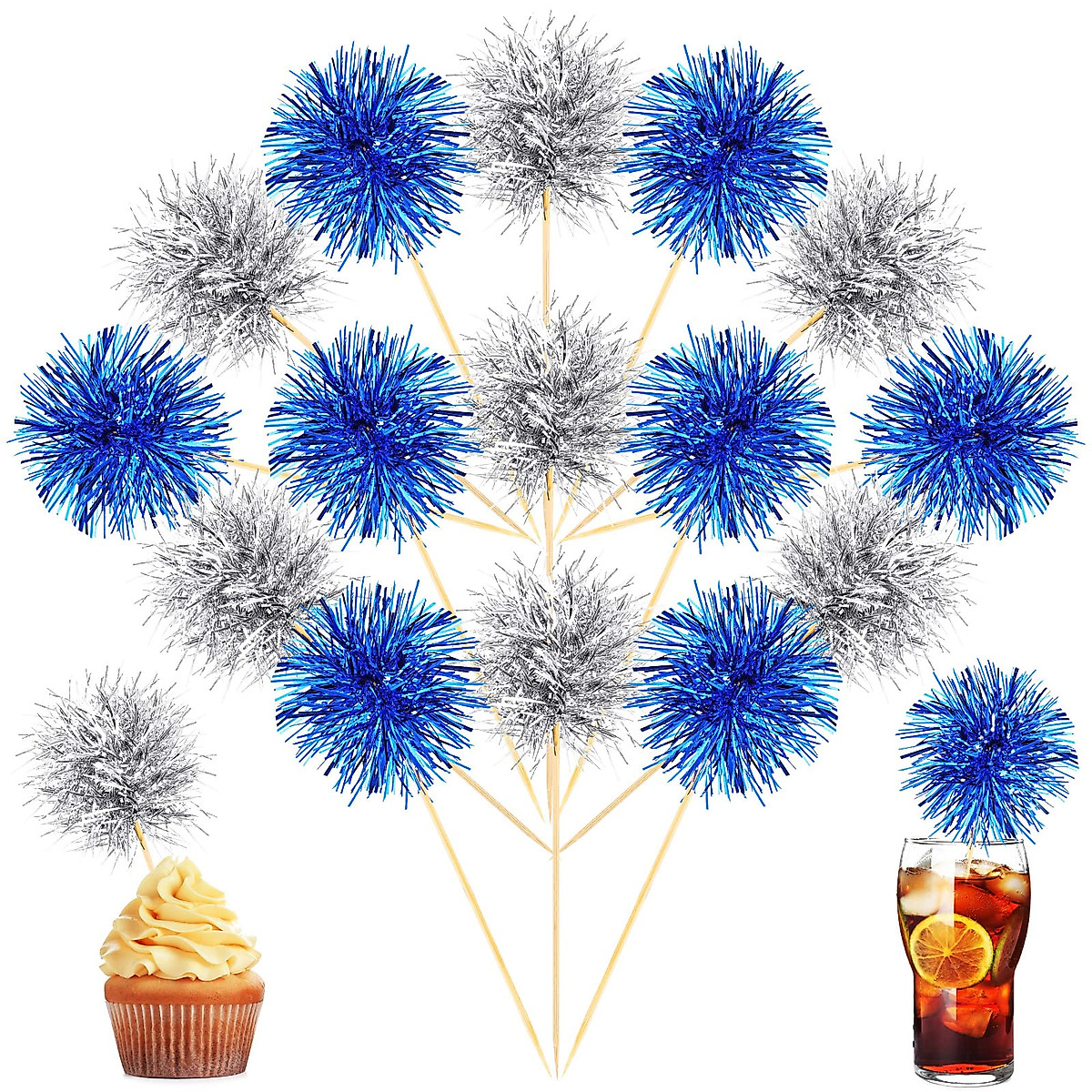 Chinco 100 Pcs Foil Firework Cupcake Toppers Sparkle Tinsel Cake Toppers Cake Decoration Cocktail Fruit Toothpick for Birthday Wedding Graduation Party(Silver, Blue)