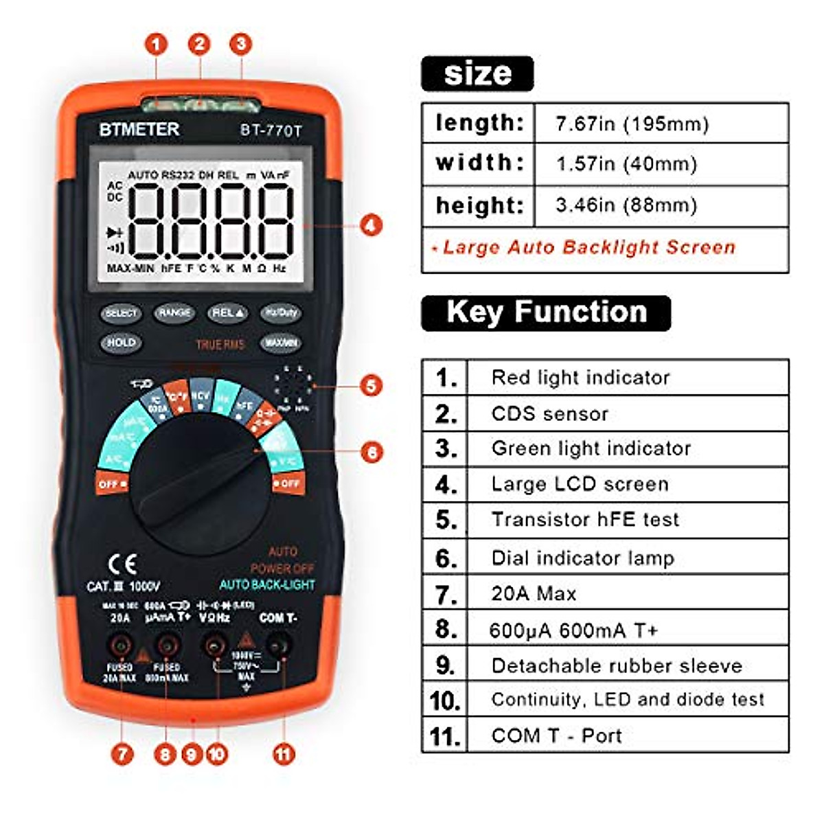 True RMS Digital Multimeter Tester 6000 Counts AC DC 20A Ohmmeter Voltmeter DMM Measure Voltage Current Amp Resistance Diodes Continuity Duty-Cycle Capacitance Temperature (BTMETER BT-770T)