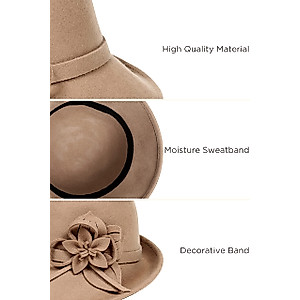 BABEYOND Womens 1920s Bucket Hat Winter Wool Crushable Bowler Hat Vintage Cloche Round Hat with Floral Accent (Camel)