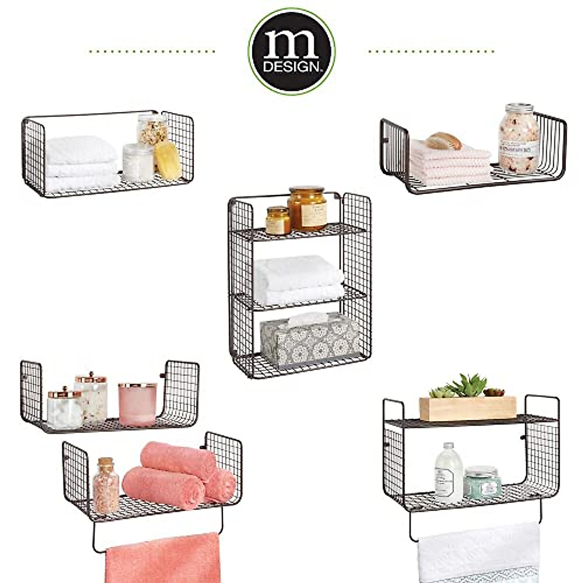 mDesign Steel Wall Mount Towel Rack Storage Organizer Shelf Holder with Towel Bar - for Bathroom, Laundry Room, Kitchen, Garage - Holds Hand Towels, Washcloth - Concerto Collection - Bronze