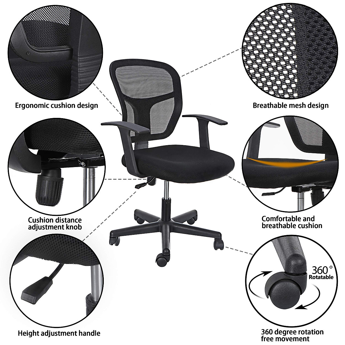 SUPER DEAL Ergonomic Desk Chair Mesh Computer Chair with Armrests, Height Adjustable, 360° Swivel Home Office Task Chair, Black