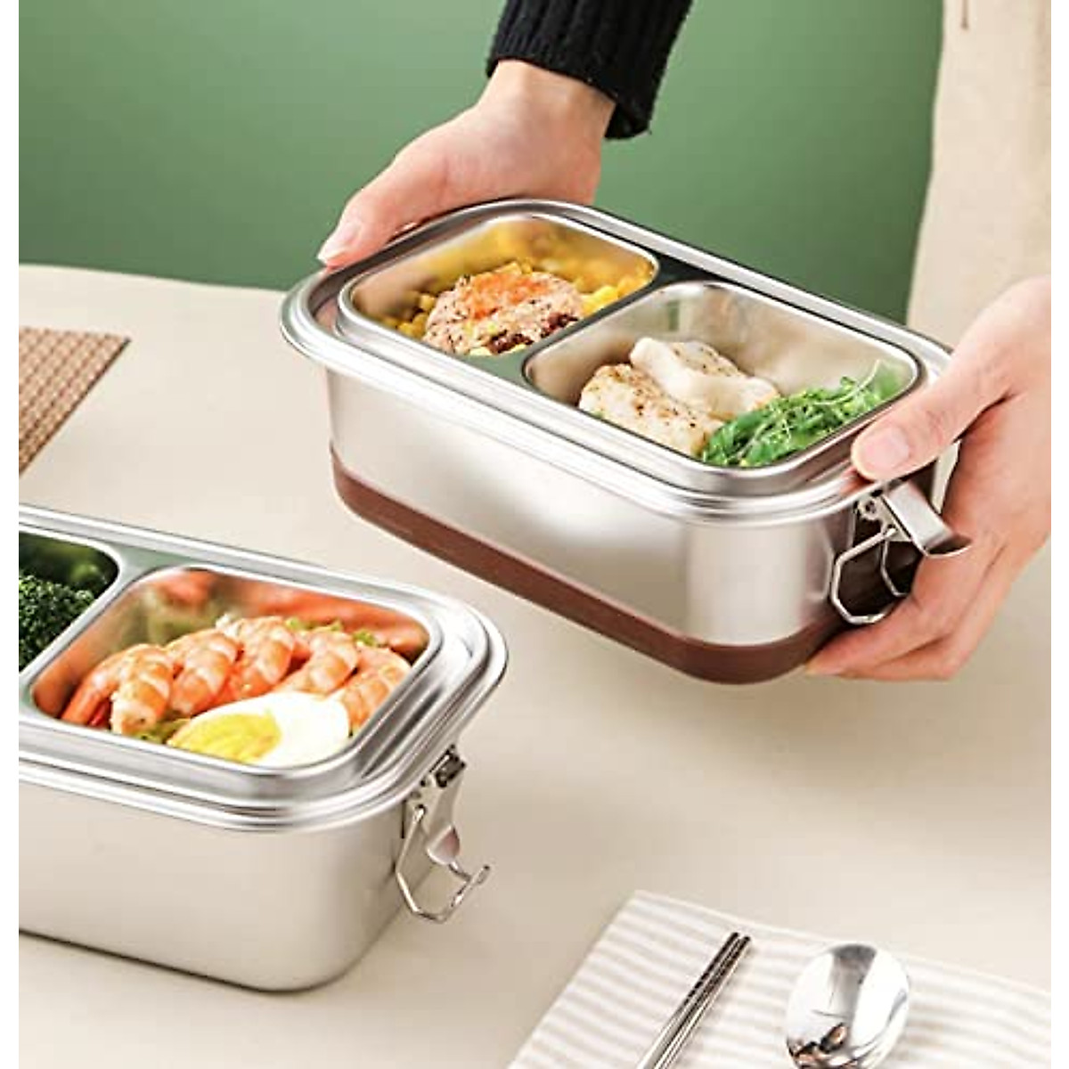 Stainless Steel Lunch Box with Clip Locks for Adults Salad Sandwich with Folding Spork Bento Containers for Work Picnic Layered Leak proof (1500ml)