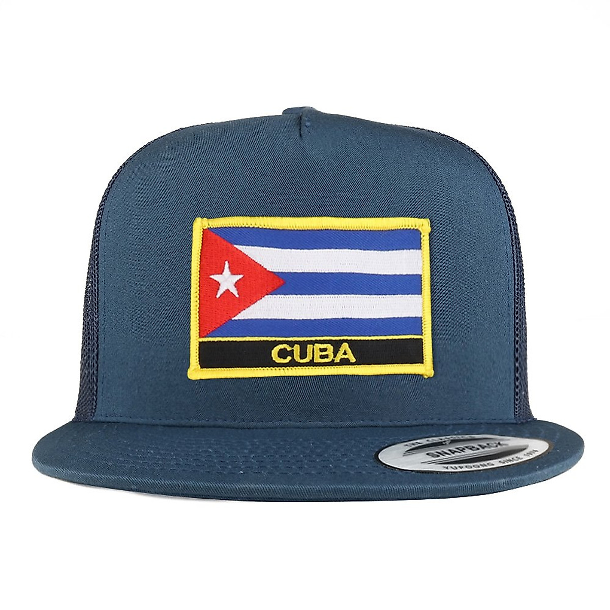 Trendy Apparel Shop Cuba Flag 5 Panel Flatbill Trucker Mesh Snapback Cap - NAVY