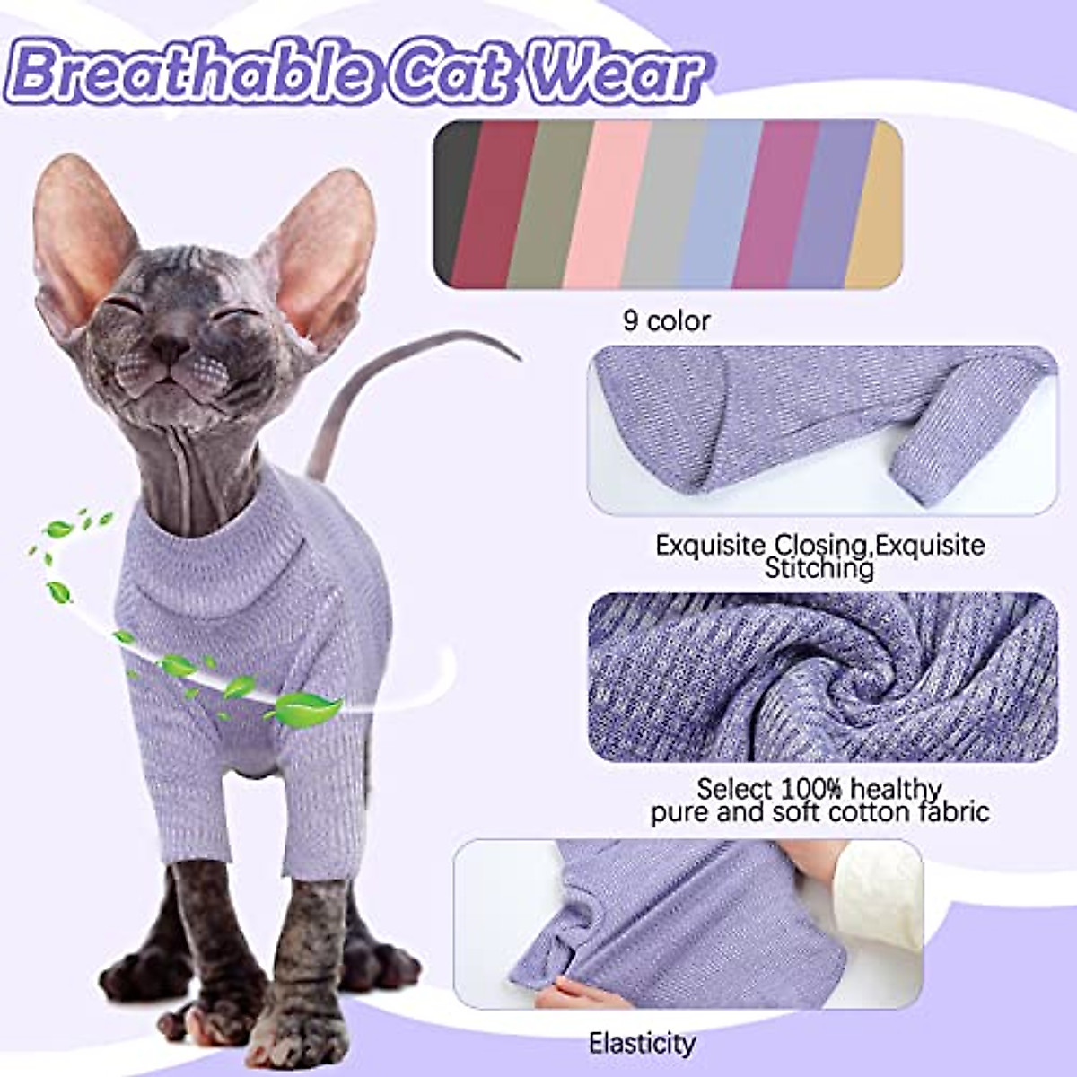 DENTRUN Sphynx Hairless Cats Shirt Pullover Kitten T-Shirts, Breathable Cat Wear Turtleneck Sweater Adorable Cat's Clothes Vest Pajamas Jumpsuit