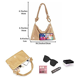 Yokawe Rhinestone Purses for Women Evening Bag Sparkly Hobo Bag Silver Handbag Vacation Club Party Wedding Clutch (Gold)