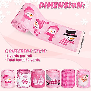 Whaline 6 Rolls Christmas Wired Edge Ribbon Pink Xmas Winter Holiday Craft Ribbon Buffalo Plaid Santa Snowman Snowflake Christmas Tree Truck Gift Wrapping Ribbon for Bow Wreath Crafts, 30 Yards