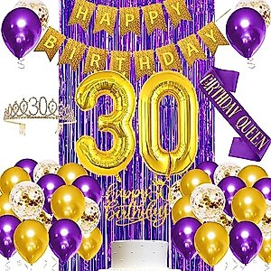 30th Birthday Decoration for Women Purple Gold 30th Birthday Party Decorations for Her, Happy Birthday Banner, Crown, Sash,Chrome Gold Numer 30 Balloon, Purple Gold Birthday Party Supplies for Women