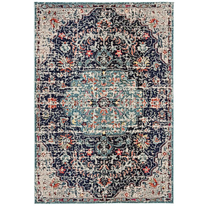 SAFAVIEH Madison Collection Area Rug - 5'3" x 7'6", Black & Teal, Boho Chic Medallion Distressed Design, Non-Shedding & Easy Care, Ideal for High Traffic Areas in Living Room, Bedroom (MAD447Z)
