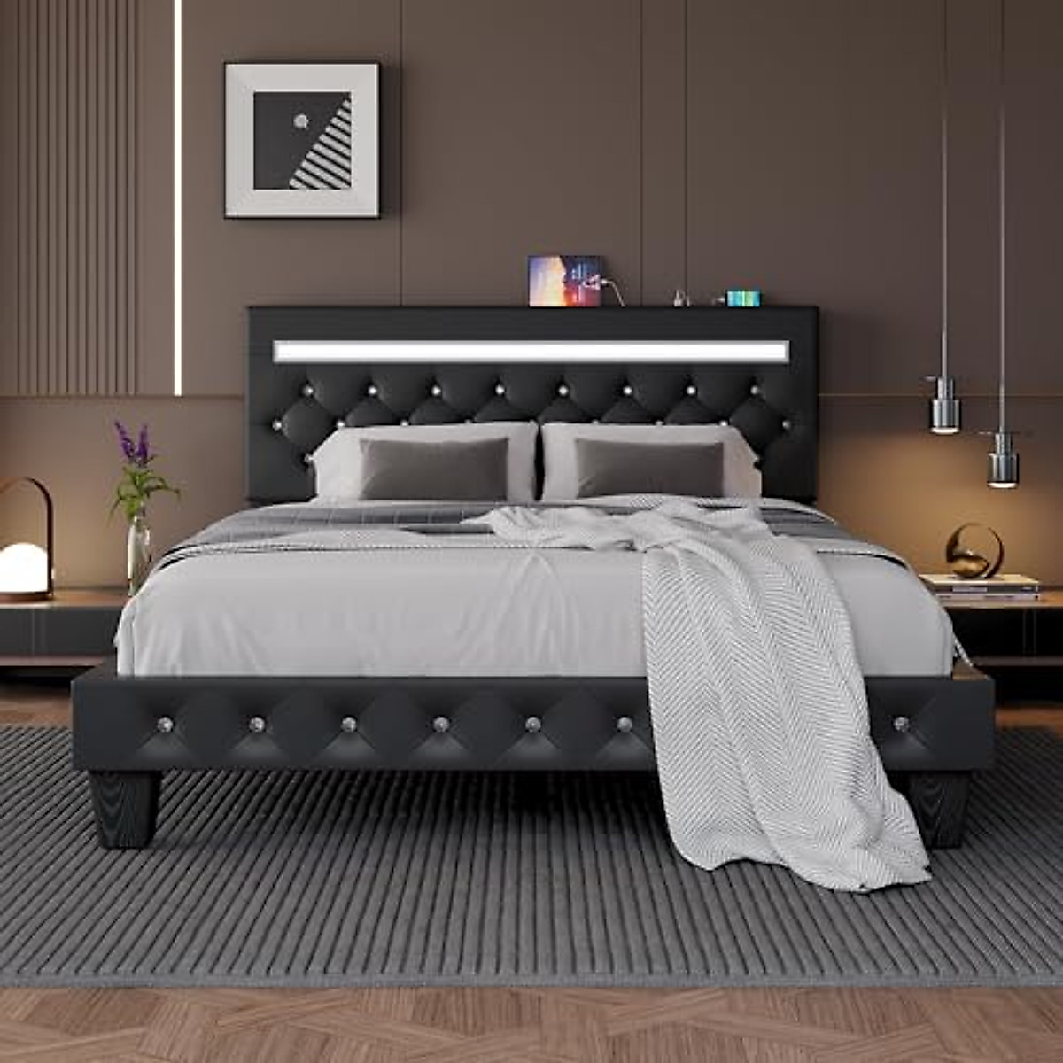 Forrise King Size LED Platform Bed Frame with Adjustable Headboard, Modern Bed Frame with Charging Station, Wooden Slats Support, Easy Assembly, No Box Spring Needed, Black