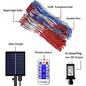 Solar American Flag Lights, Independence Day Decorations 2-in-1 Solar Powered & Plug in US Flag Lights 420 LED 8 Modes Waterproof Flag Lights for July 4th Independence Day, Garden, Yard Decorations