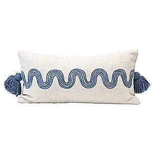 Creative Co-Op Cotton Lumbar Embroidered Curved Pattern & Tassels, Cream Color & Blue Pillow, Cream & Blie