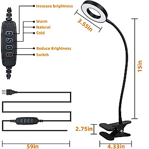 lishumei Clip on Light Reading Lights, 48 LED USB Desk Lamp with 3 Color Modes 10 Brightness, Flexible USB Clamp Bedside Lamp, Eye Caring Book Light for Studying/Working/Gaming (Black)