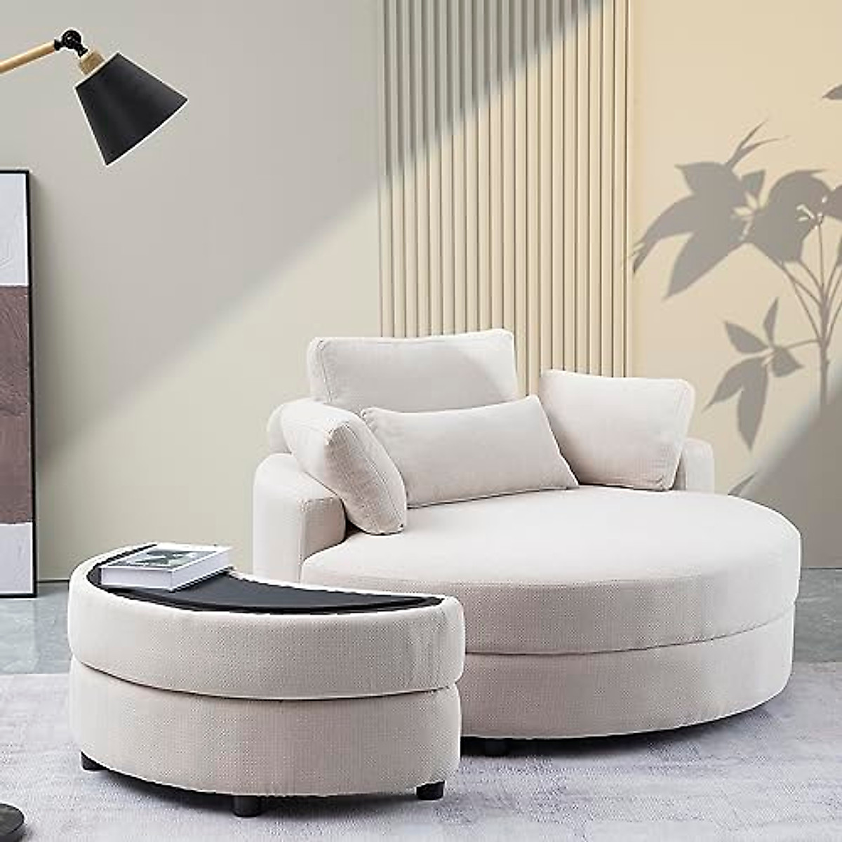 Oversized Accent Barrel Chair with Removable Headrest,Storage Ottoman and 4 Pillows, 51.2" Linen Upholstery Barrel & Armchair Leisure Club Cozy Round Sofachair for Home Apartment Hotel Living Room