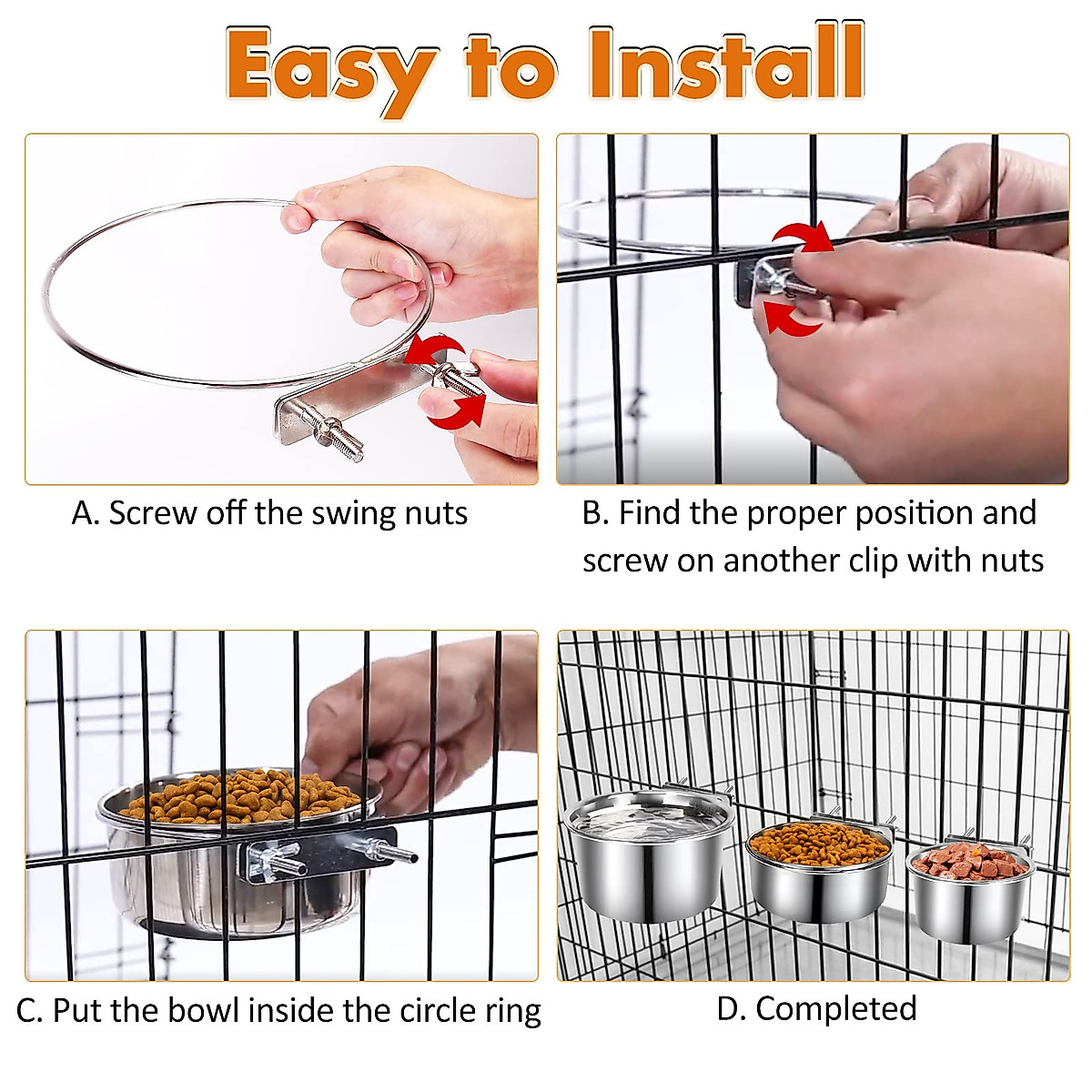 Dog Crate Water Bowl, 3 pcs Stainless Steel Dog Bowls, Durable Anti-Spill Pet Metal Bowl for Cage Kennel Crate, Hanging Water/Food Bowl for Medium & Large Dogs (7.1x3.5'' & 6.3x2.6'' & 5.5x3.1'')