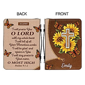 Jesuspirit I Will Be Glad and Rejoice in You - Sunflower & Cross - Personalized Leather Bible Cover XLarge Size - Religious Gift for Christian Women - Psalms 9:1-2 - Zippered Book Case with Handle