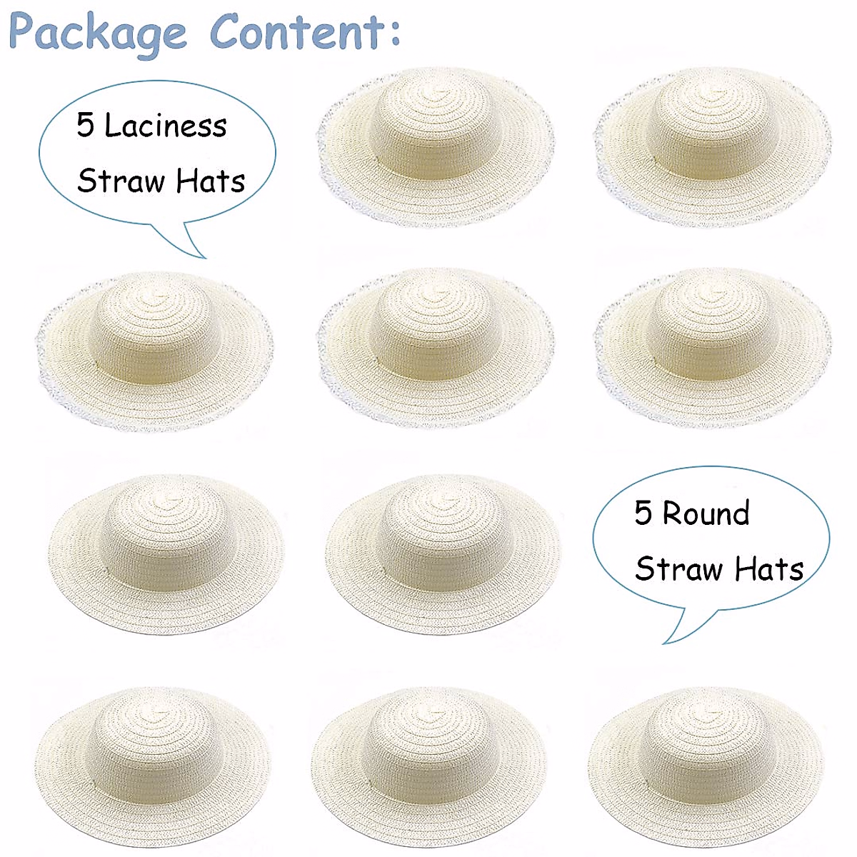 Only Lovuu 10Pcs DIY Straw Hats Set, 5 Laciness White Straw Hats + 5 Round White Straw Hats for Kids Creative Art Painting & DIY Tea Party Dress Up Hats