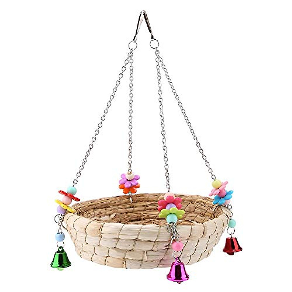 Bird Nest, Safe Parrot Straw Durable Bell Bird Toy Swing Nest Hanging on Birdcage
