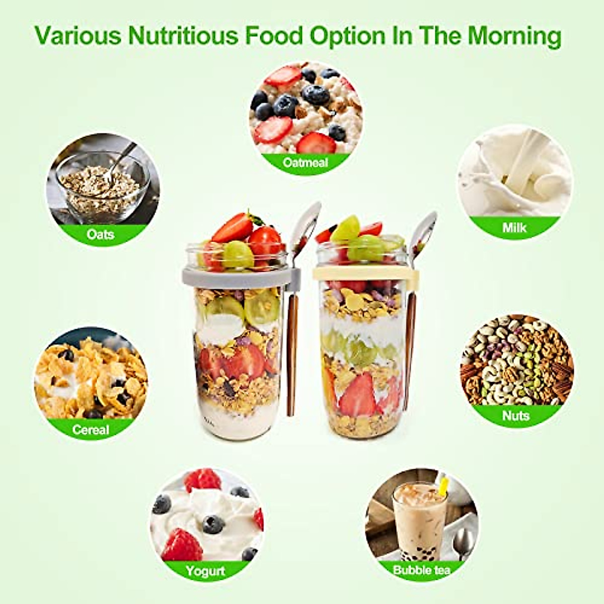 Etomiel Overnight Oats Jars with Lid and Spoon 21 oz, 2 Pack Large Capacity Airtight Oatmeal Container with Measurement Marks, Glass Mason Jars for Cereal Yogurt and Parfait