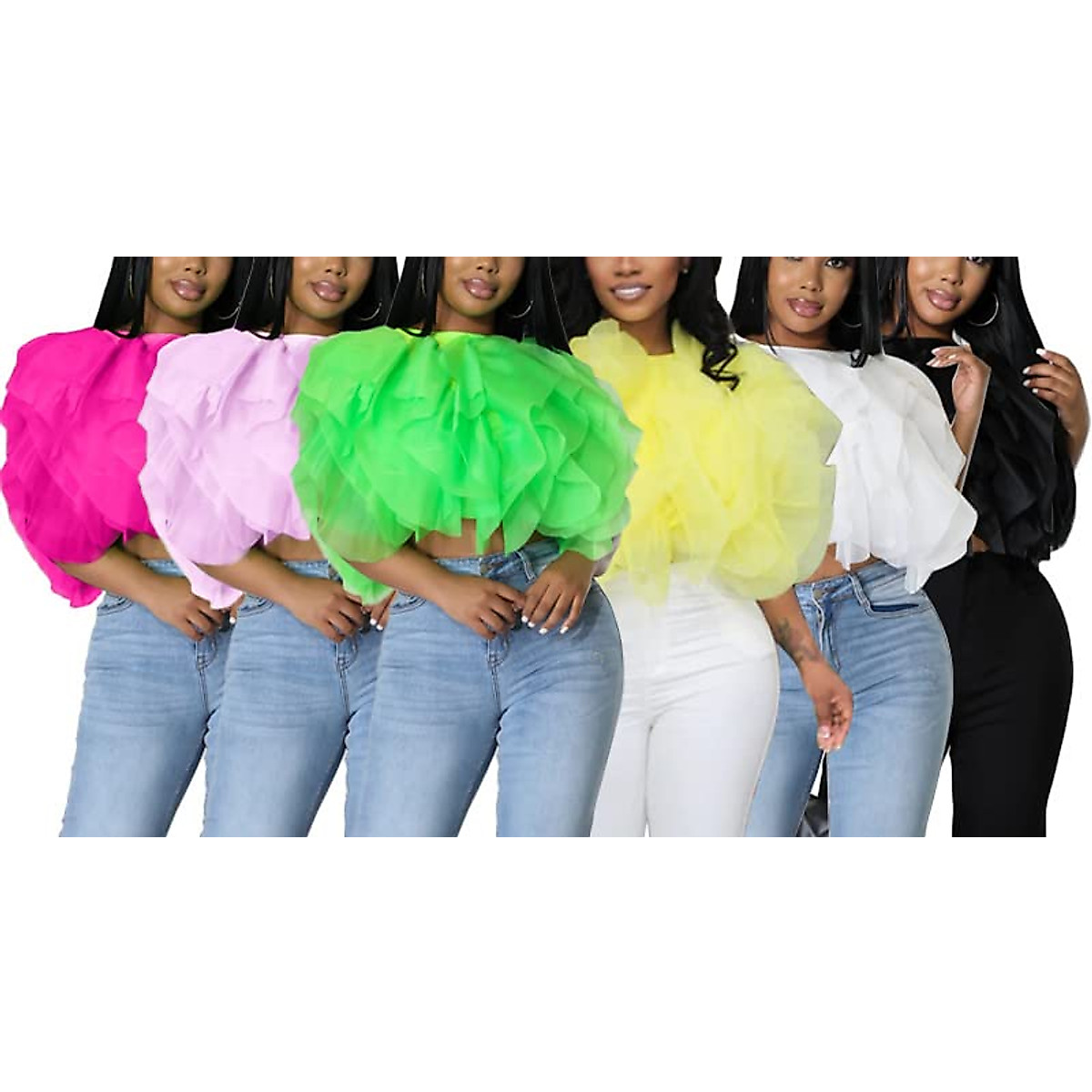 Chiffon Blouses for Women Casual - Solid Short Sleeve Mesh Tulle Blouse Puffy Layered Short Tops Party Prom XX-Large