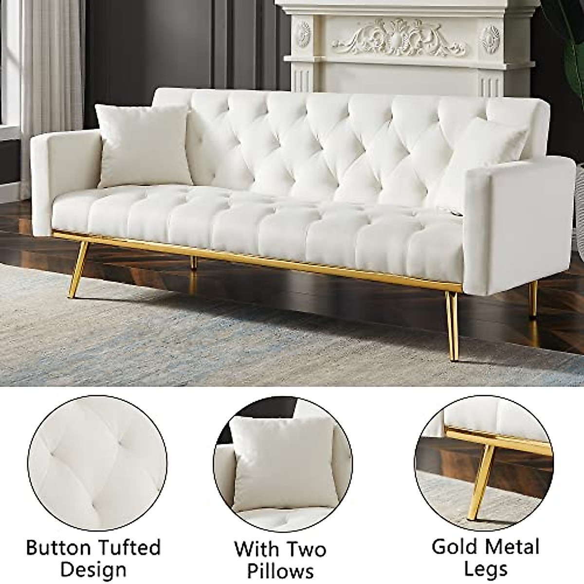 Tmosi Velvet 73'' Convertible Folding Futon Sofa Bed with Removable Armrests for Compact Living Space,Twin Size Loveseat Sofabed with 3 Adjustable Backrests for Bedroom (White)