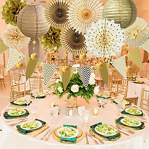 Gold Party Decorations Hanging Paper Fans Paper Lanterns Pom Poms Flower Pennant Banner for Rustic Wedding Neutral Baby Shower Bachelorette Graduation Birthday New Year Party Decoration
