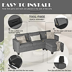 YESHOMY Convertible Sectional Sofa, L-Shaped Couch with Soft Seat and Modern Cotton Fabric for Small Space, Living Room Settee with Comfortable Backrest, Dark Gray