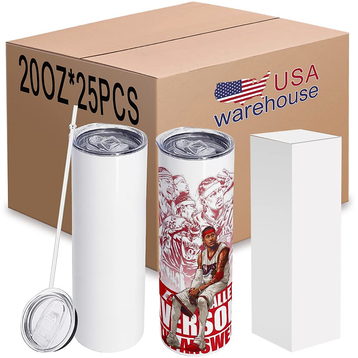 ZREGGUR 25Pack 20 oz Sublimation Blank Tumblers bulk Skinny, Stainless Steel Double Wall Insulated Straight Sublimation Cups with Lid and metal straw, Individually Box, Heat Transfer