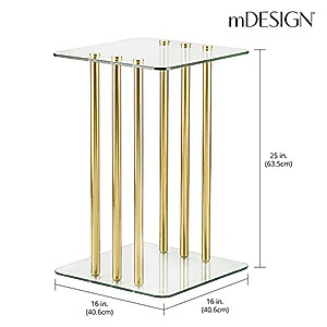 mDesign Square Glass Top Side Table - Modern Decorative Accent End Metal Nightstand Furniture for Bedroom, Living Room, Home Office, Dorm Room - 25" Tall - Milan Collection - Clear/Brass