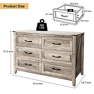 NEDYO Farmhouse 6 Drawer Dresser, Rustic Chest of Drawers, Wood TV Stand, Wooden Dresser Storage Organizer Cabinet for Bedroom Living Room Hallway and Entryway. Light Rustic Oak