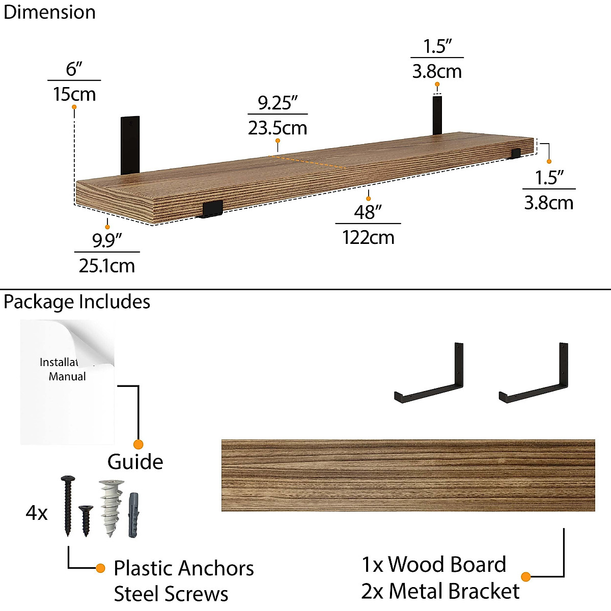 Wallniture Forte 48"x9.25" Floating Shelves for Wall Storage, Wall Bookshelf Living Room, Kitchen Floating Shelf, Wall Shelves for Bedroom, Home Office, Burnt, Wood