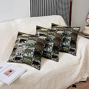 Bear Pillow Cover,Camouflage Plaid Print Double Sides Print Pillowcase Soft Square Cushion Case,Wildlife Animal Hunting Camo Print Throw Pillow Cover,2 Pack 16"x16"