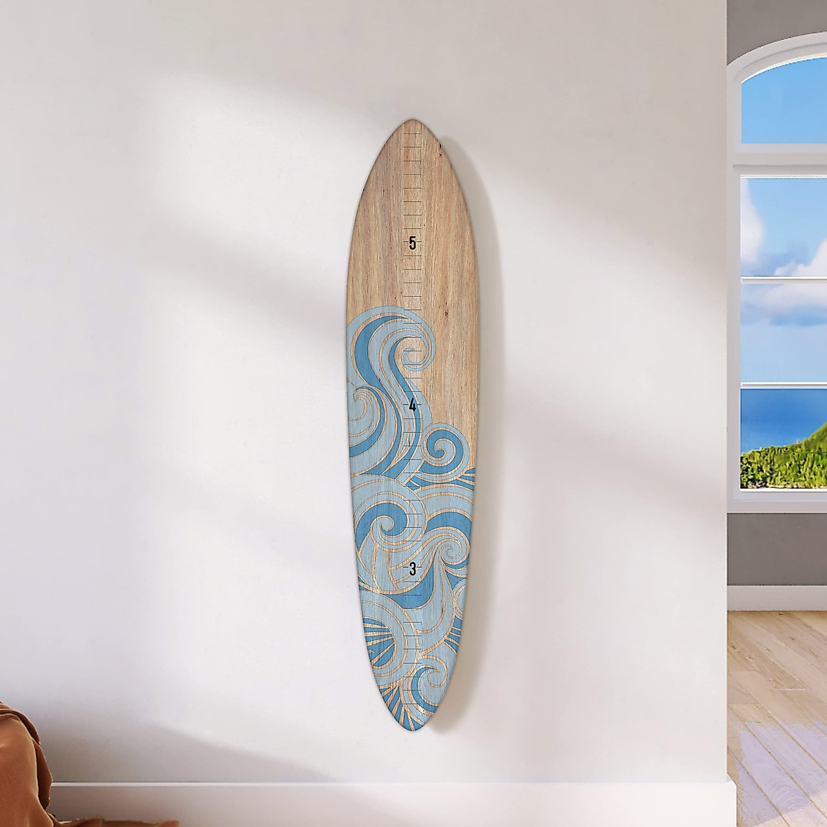 HeadWaters Wooden Surfboard Growth Chart - Kids' Room & Playroom Decor with Wall-Mounted - Wood w/Blue Wave Color (9.5" Wide x 46 Tall)