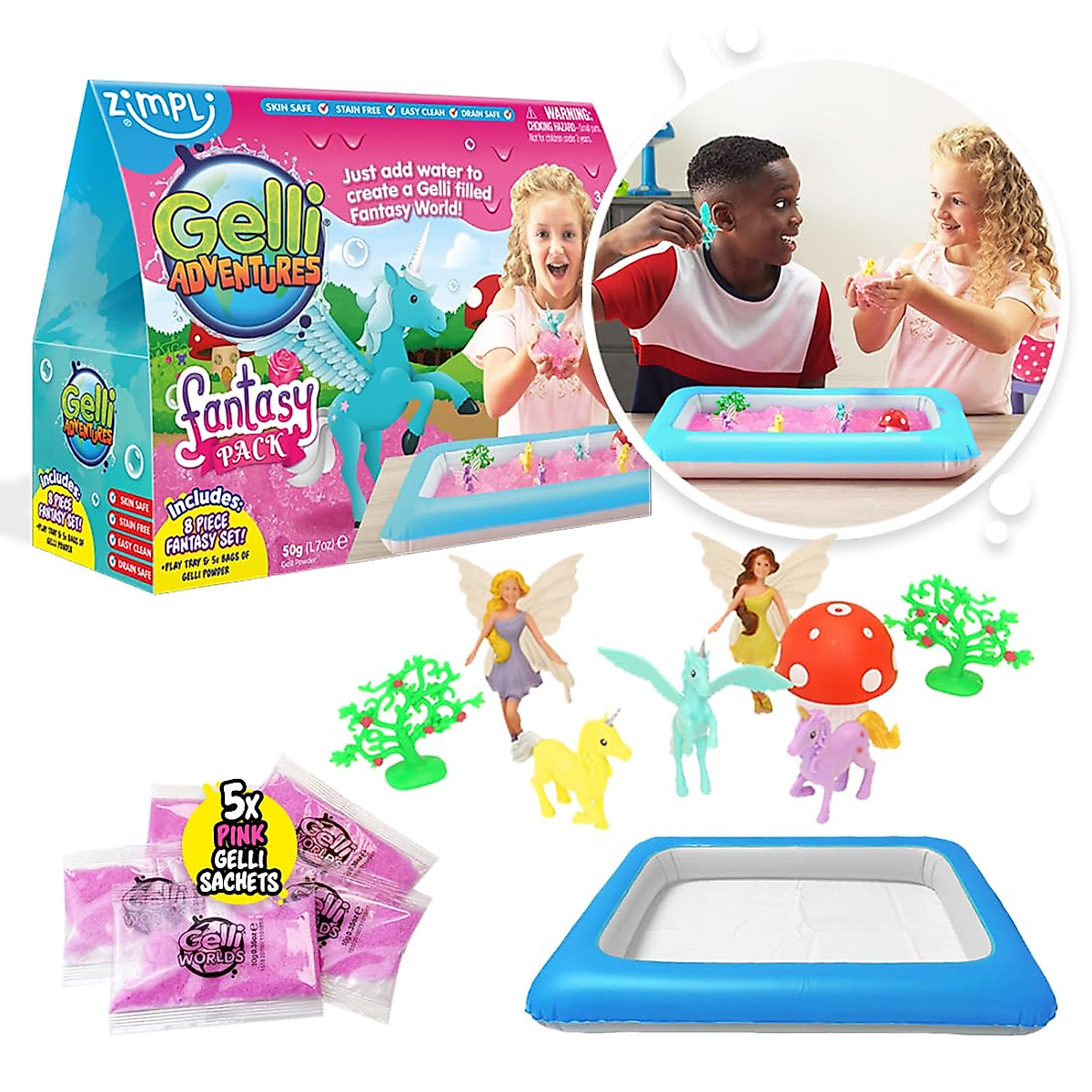 Zimpli Kids Gelli Adventures Fantasy Pack, 5 Use Pack, 8 x Fantasy Figures, Inflatable Tray, Imaginative Pretend Playset, Children's Sensory Kit, Birthday Gift for Boys & Girls, Role Play Toy