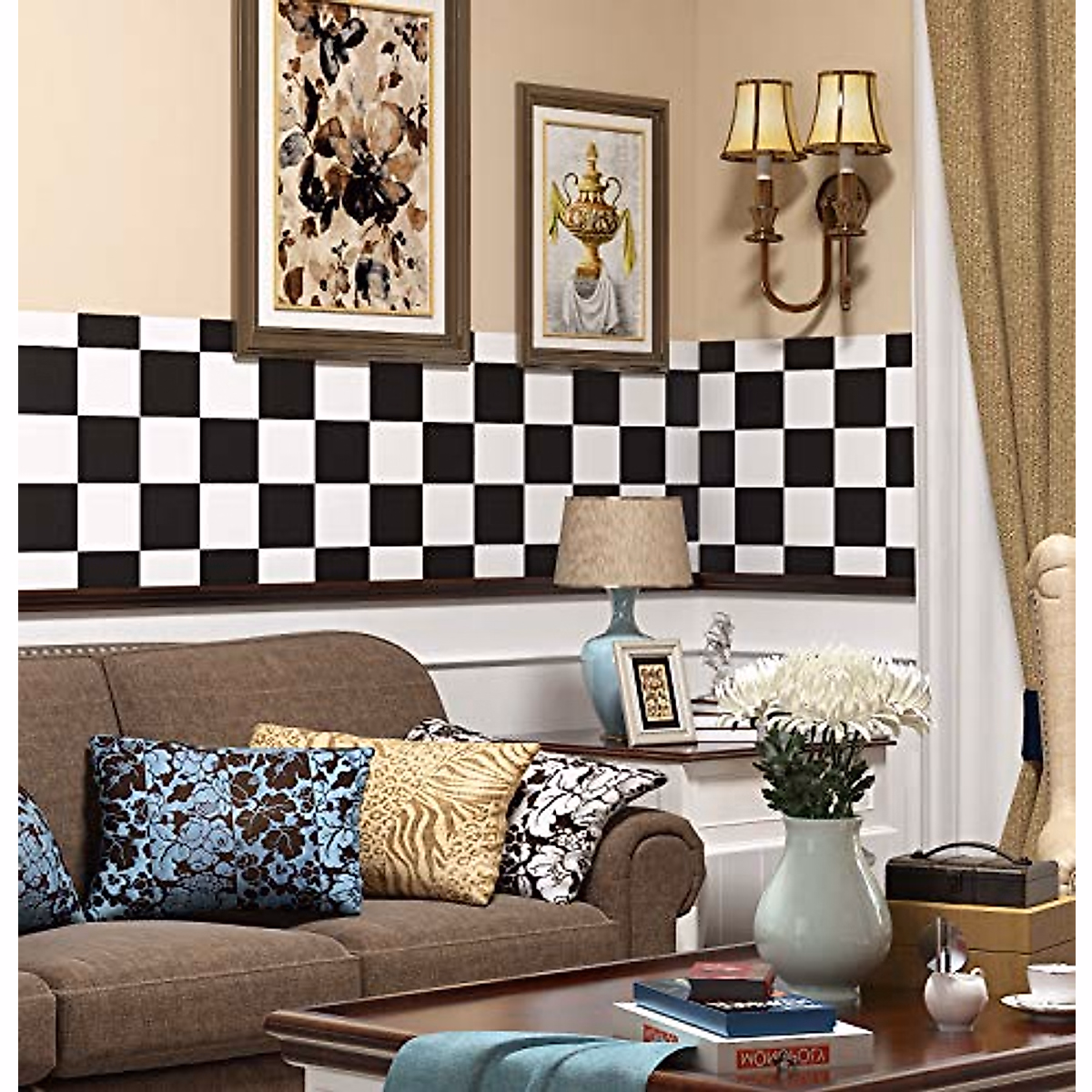 Livelynine Checkered Black and White Vinyl Flooring Roll 15.8x78.8 in Floor Contact Paper Waterproof Peel and Stick Tile Flooring for kitchen Linoleum Bathroom Wallpaper Self Adhesive Wall Covering