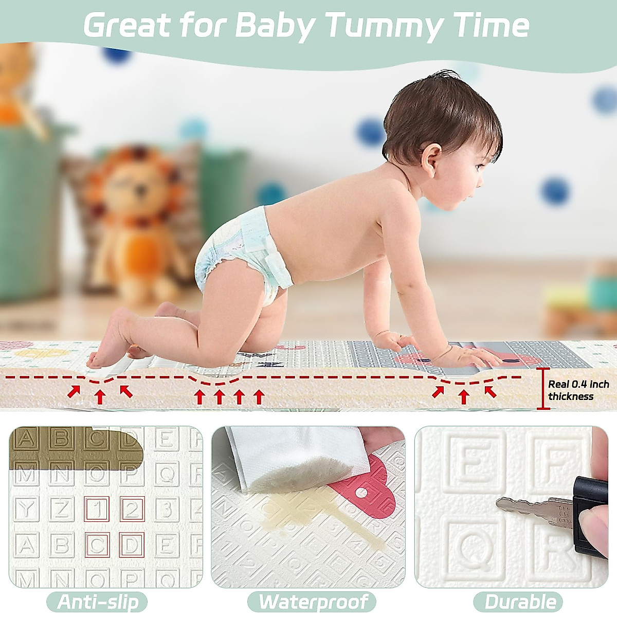 Baby Play Mat 79x71x0.4 Inch, Extra Large Waterproof Foldable Play Mat for Floor, Reversible Thickened Foam Activity Playmat for Babies, Toddlers, Kids, Safe Anti-Slip Tummy Time Baby Crawling Mat