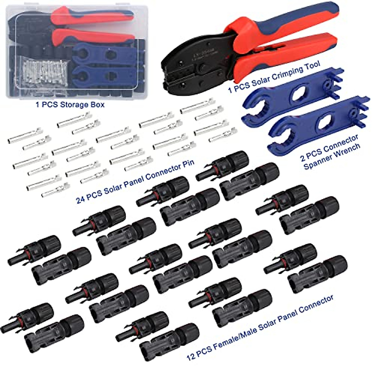 YXGOOD Solar Crimping Tool for Solar Panel Cable with 12 Pairs Solar Connectors, 1PCS Solar Crimper, 2 PCS Spanner Wrench, Crimper Tool for 2.5/4/6mm² Solar PV Wire