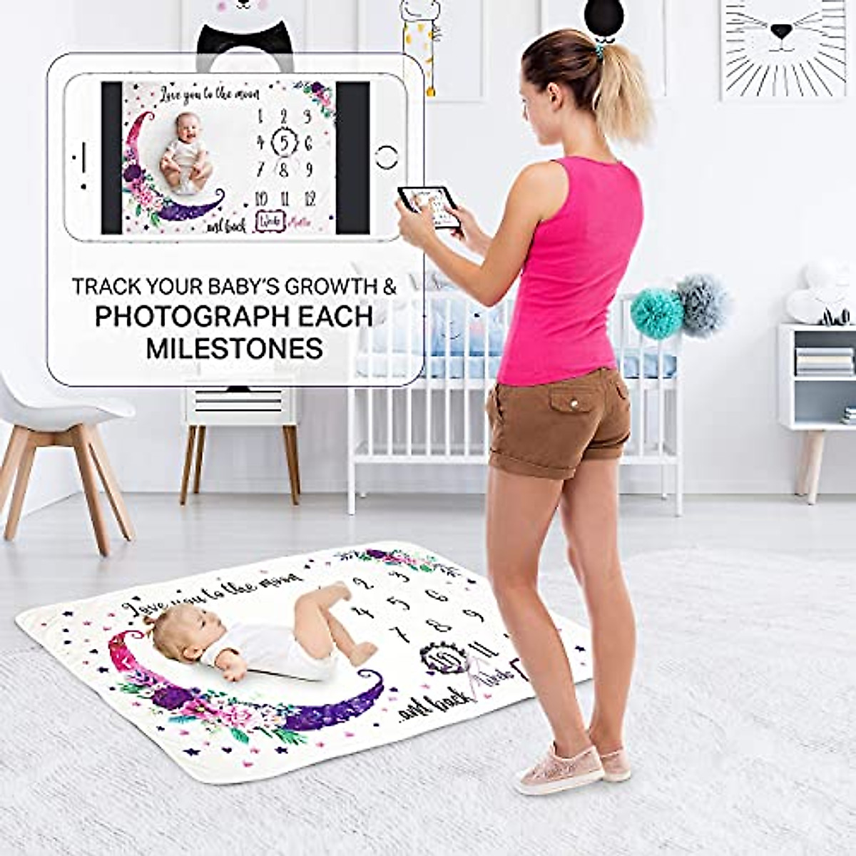 Baby Monthly Milestone Blanket Girl - Extra Soft, Large (60"X40") Thick Fleece - Baby Growth Chart Blanket - Baby Age Blanket for Photos - Baby Month Blanket - Includes Headband, Floral Wreath, Frame