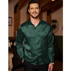 COOFANDY Men's Silk Satin Dress Shirts Luxury Long Sleeve Shirt Shiny Button Up Shirts (Army Green, X-Large)