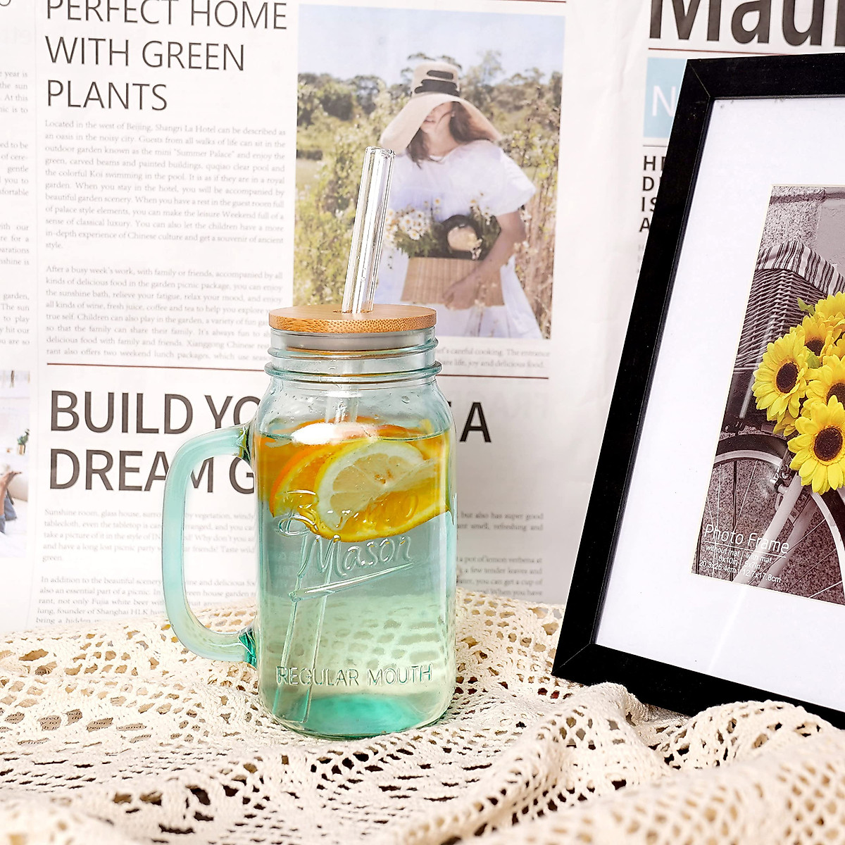 ANOTION Mason Jar with Handle - Colorful Drinking Glasses Colored Glass Cups with Lids and Straws Colored Glasses Drinking Set of 2 Mason Jars Iced Coffee Cups Tumblers Smoothie Water Bottles