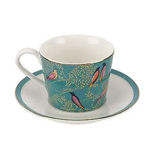Portmeirion Sara Miller London Chelsea Teacup and Saucer, Green | 8 Oz Cup for Drinking Tea and Coffee | Made from Fine China with Gold Detail | Handwash Only