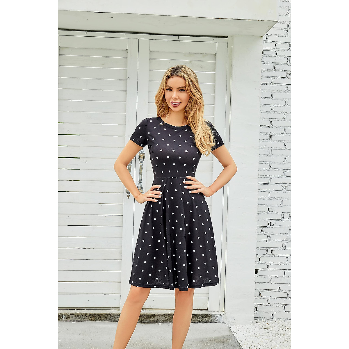 MicroStar dresses for women 2023 Slim Short Sleeve Round Neck A Line Fit and Flare Knee Length Sun Dress Black Polka Dot