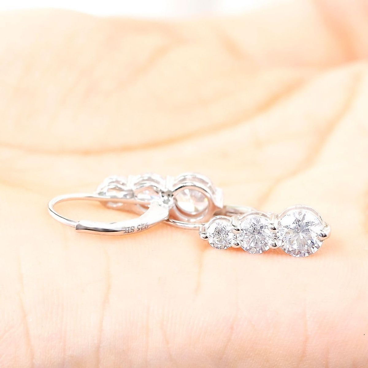 Three Stone Lever Back Cubic Zirconia Stone Daily Wear Drop Dangle Earrings for Women 925 Sterling Silver